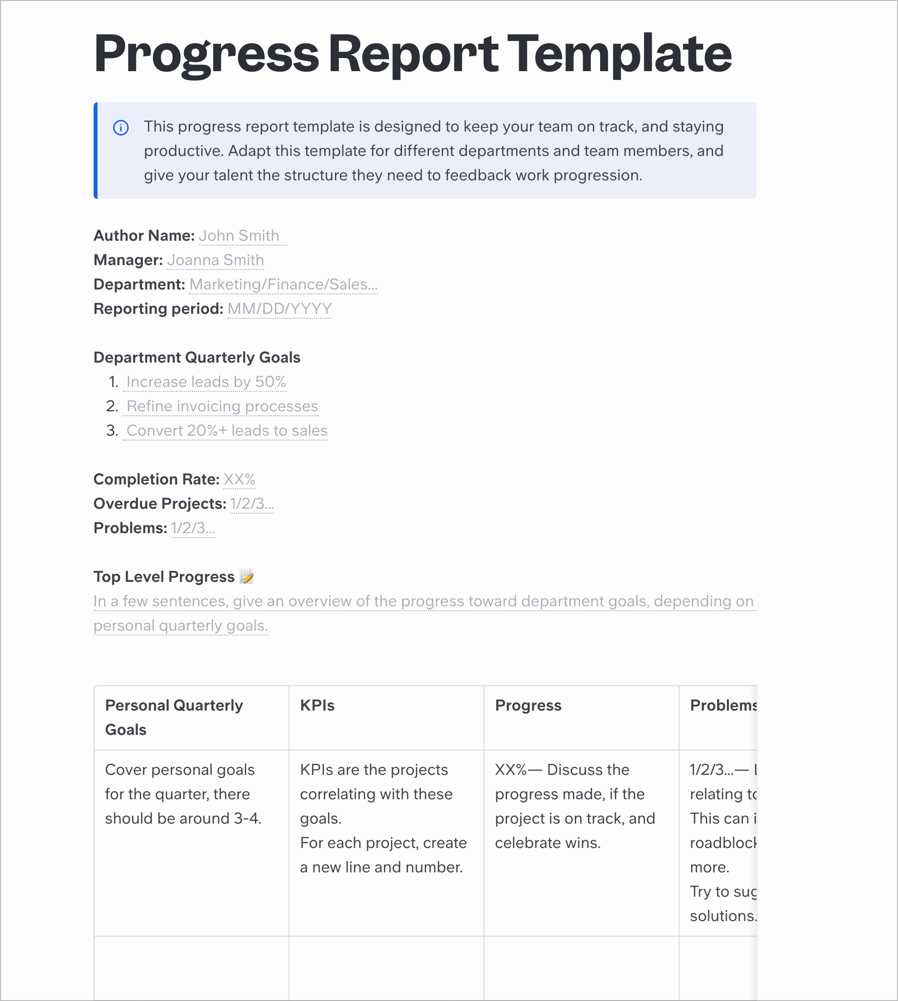 Staff Progress Report Template